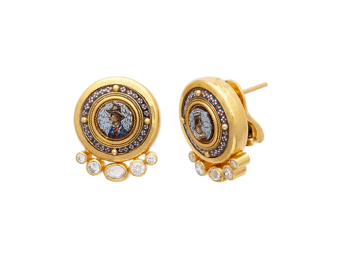 GURHAN Antiquities Gold Micro Mosaic Stud Earrings, 17mm Round, Man an